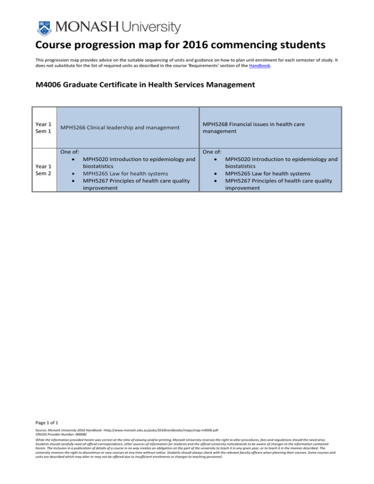 Course progression map for 2016 commencing students