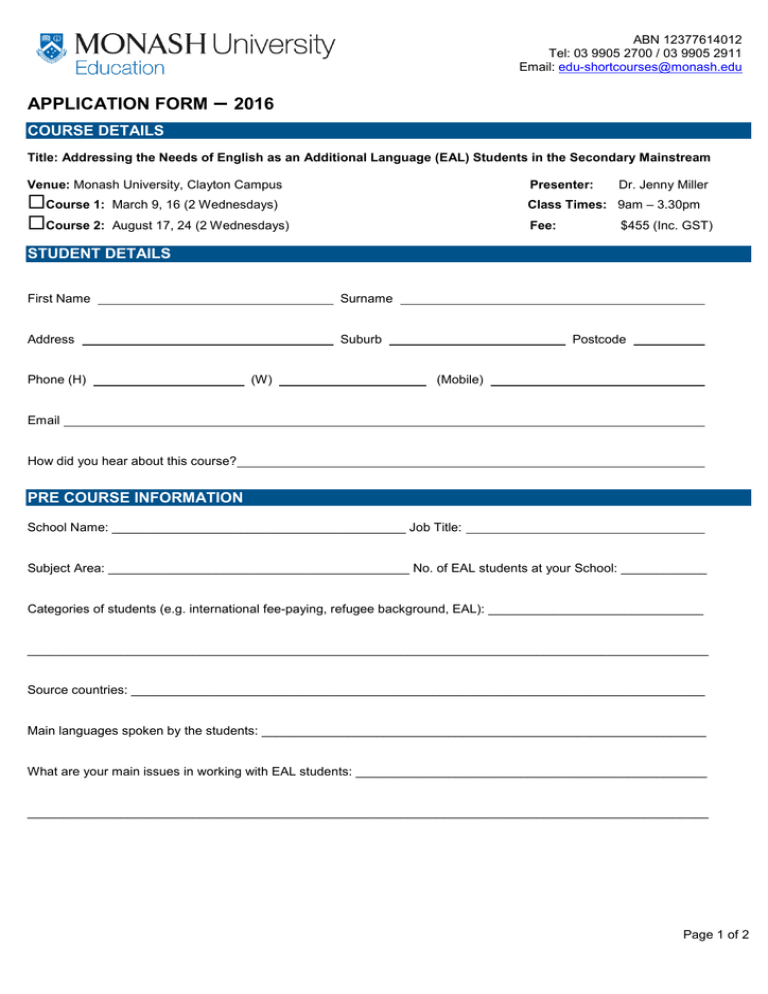 APPLICATION FORM 2016