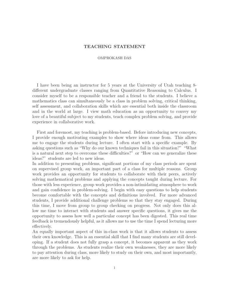 Omprakash Das Teaching Statement: Math Education Philosophy