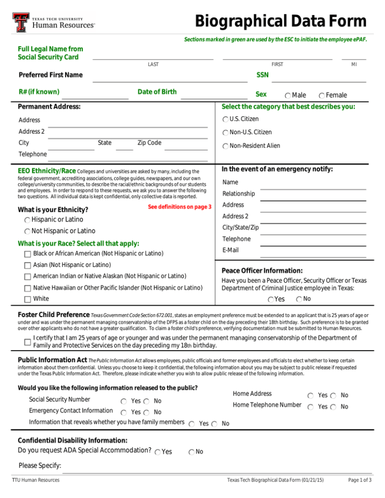 Biographical Data Form