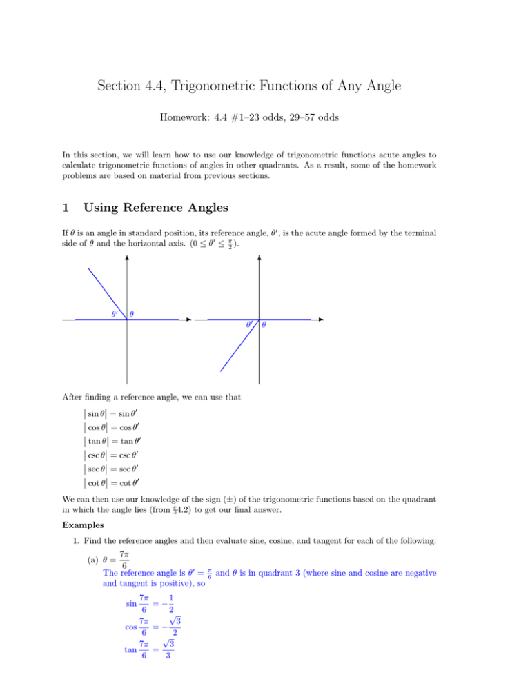 Trigonometric Functions of Any Angle: Reference Angles