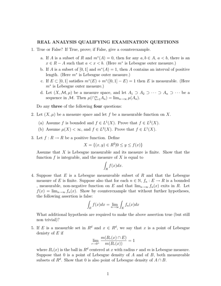 REAL ANALYSIS QUALIFYING EXAMINATION QUESTIONS