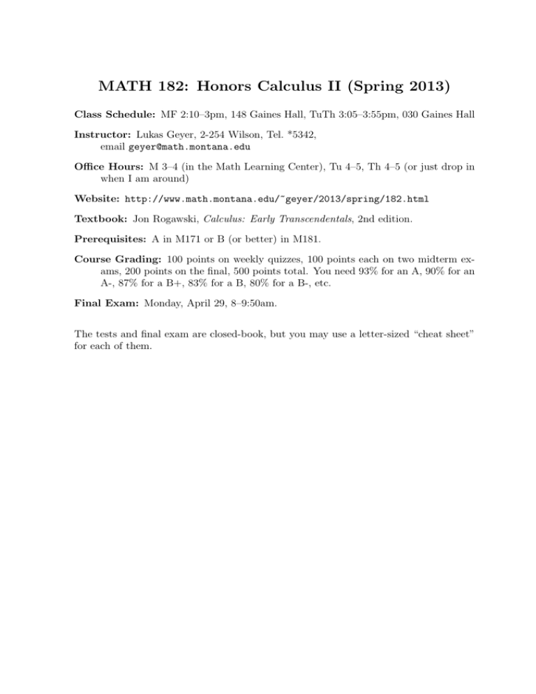 MATH 182: Honors Calculus II (Spring 2013)