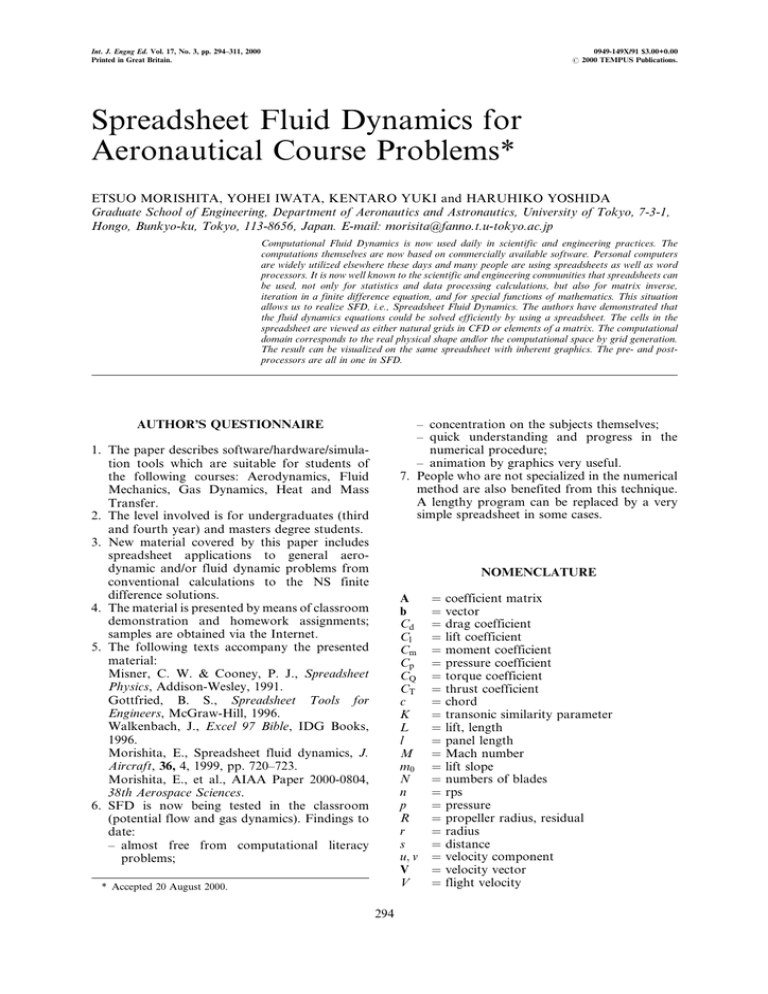 Spreadsheet Fluid Dynamics for Aeronautical Course Problems*