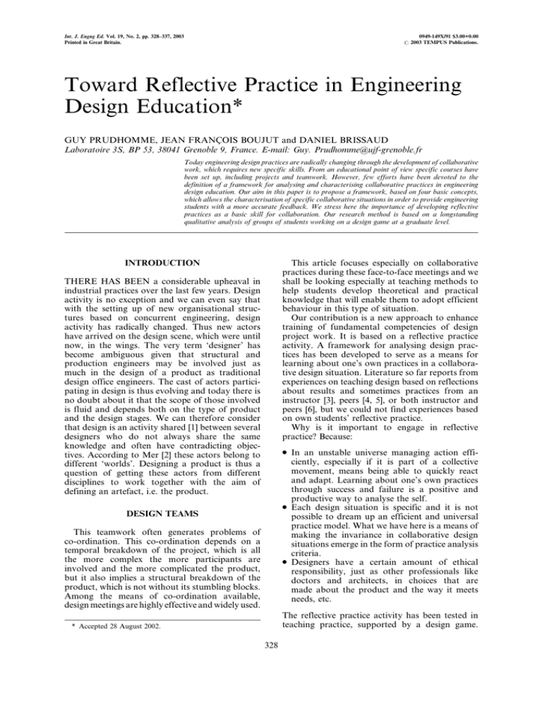 Toward Reflective Practice In Engineering Design Education
