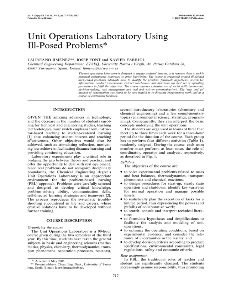 Unit Operations Laboratory Using Ill Posed Problems