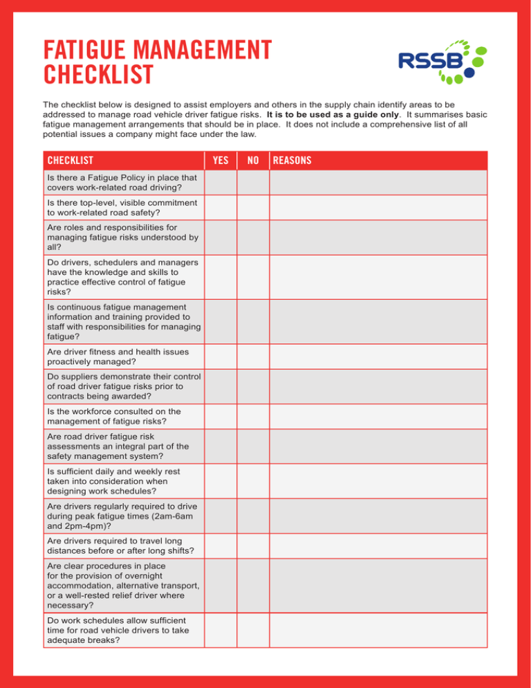 Fatigue Management Checklist for Road Vehicle Drivers