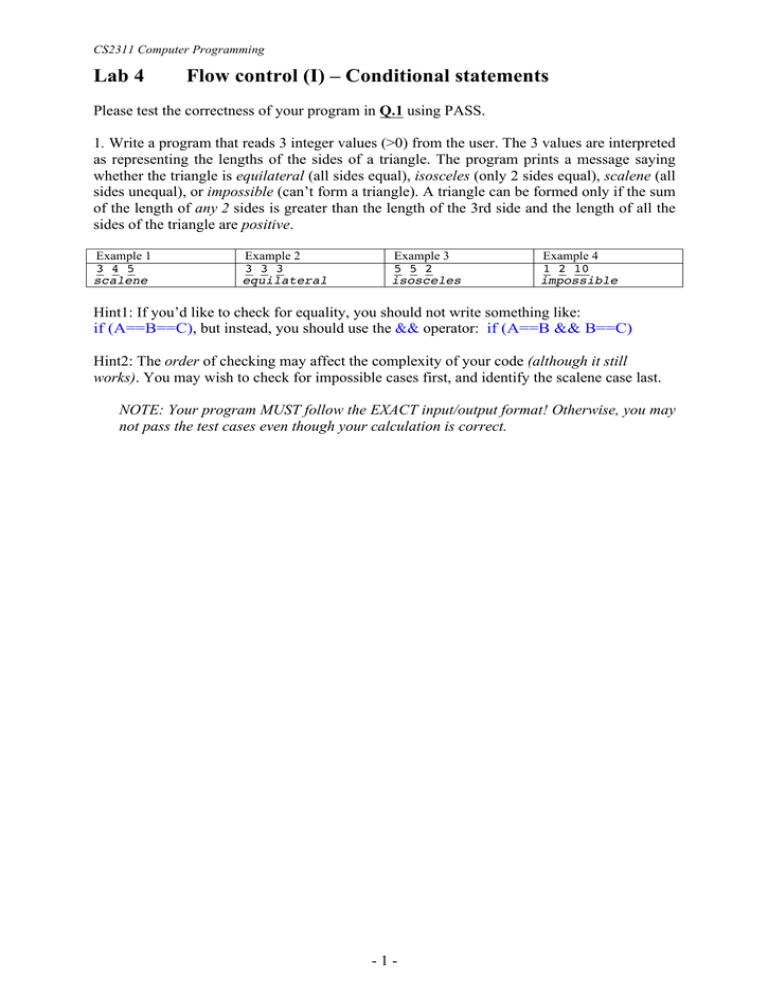 Lab 4 Flow control (I) – Conditional statements