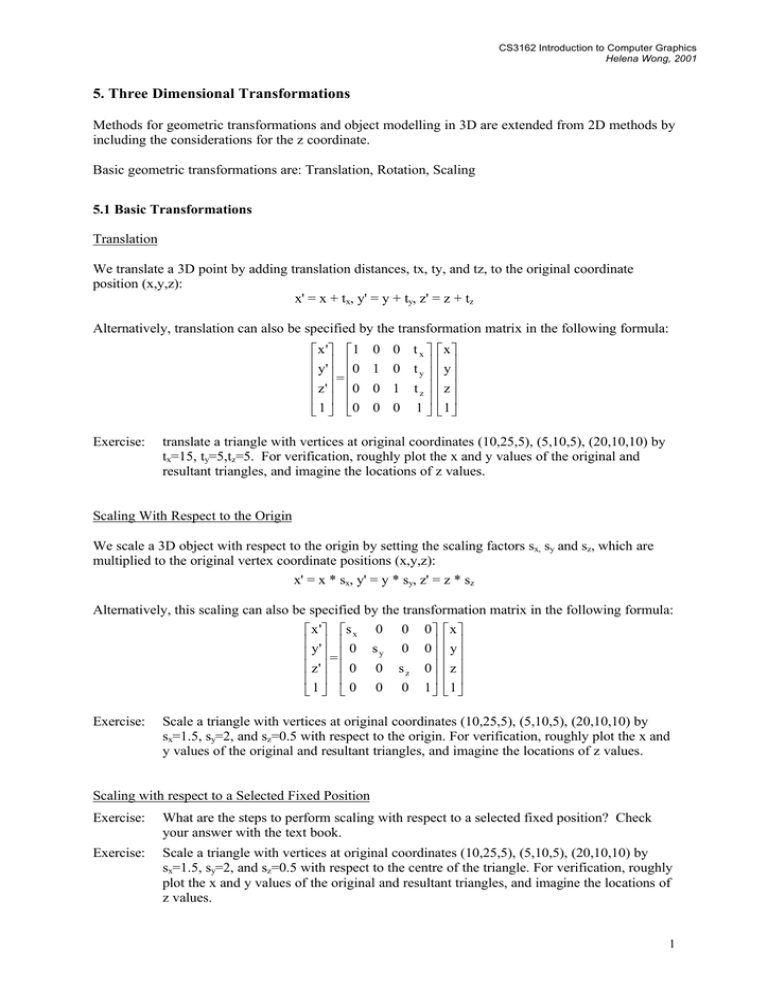 3D Transformations in Computer Graphics Lecture Notes