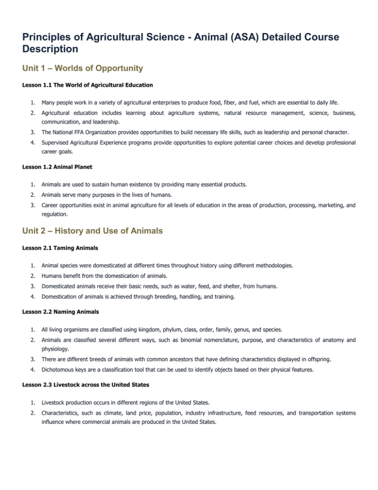 Animal Science Course Description: ASA Principles