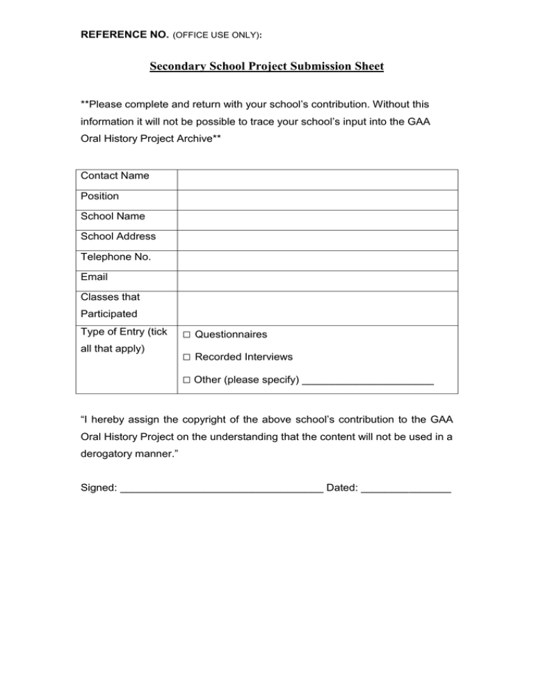 Secondary School Project Submission Sheet