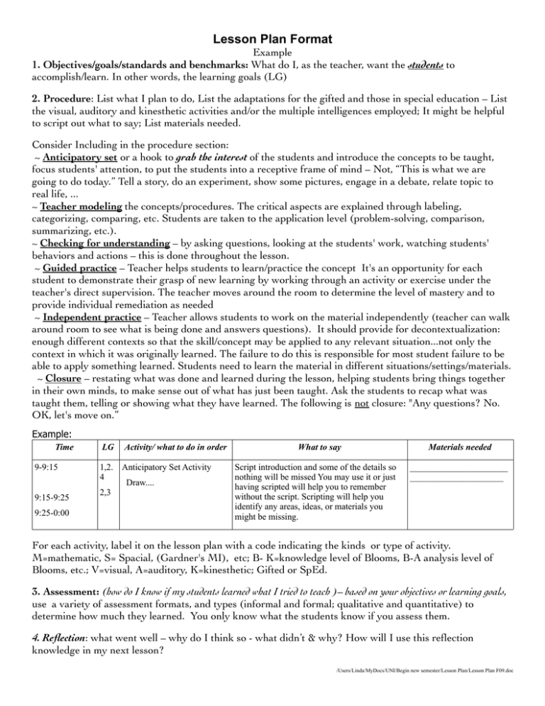 Lesson Plan Template: Objectives, Procedure, Assessment