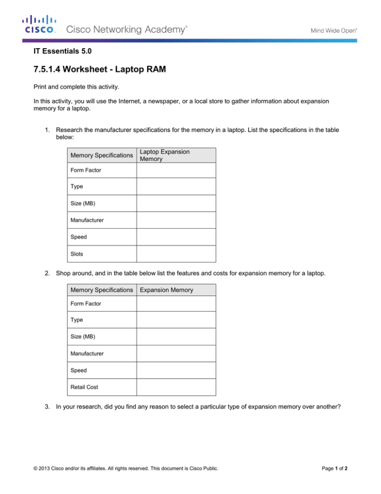 Laptop RAM Worksheet: Specifications & Expansion