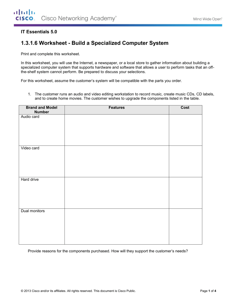 IT Essentials: Build a Specialized Computer System Worksheet