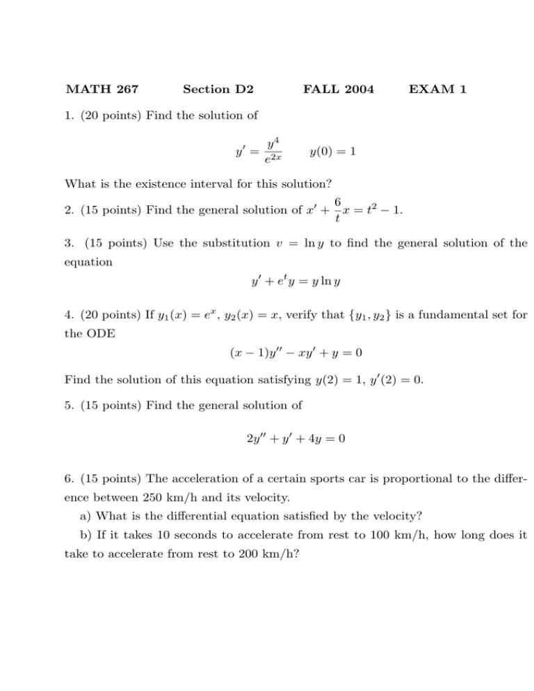 MATH 267 Section D2 FALL 2004 EXAM 1