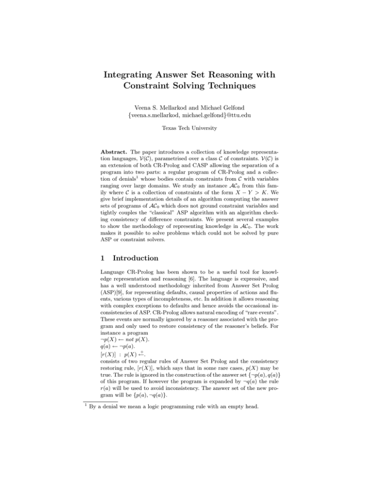 Integrating Answer Set Reasoning With Constraint Solving Techniques {veena S Mellarkod