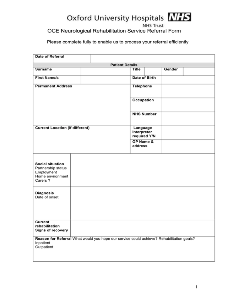 OCE Neurological Rehabilitation Service Referral Form