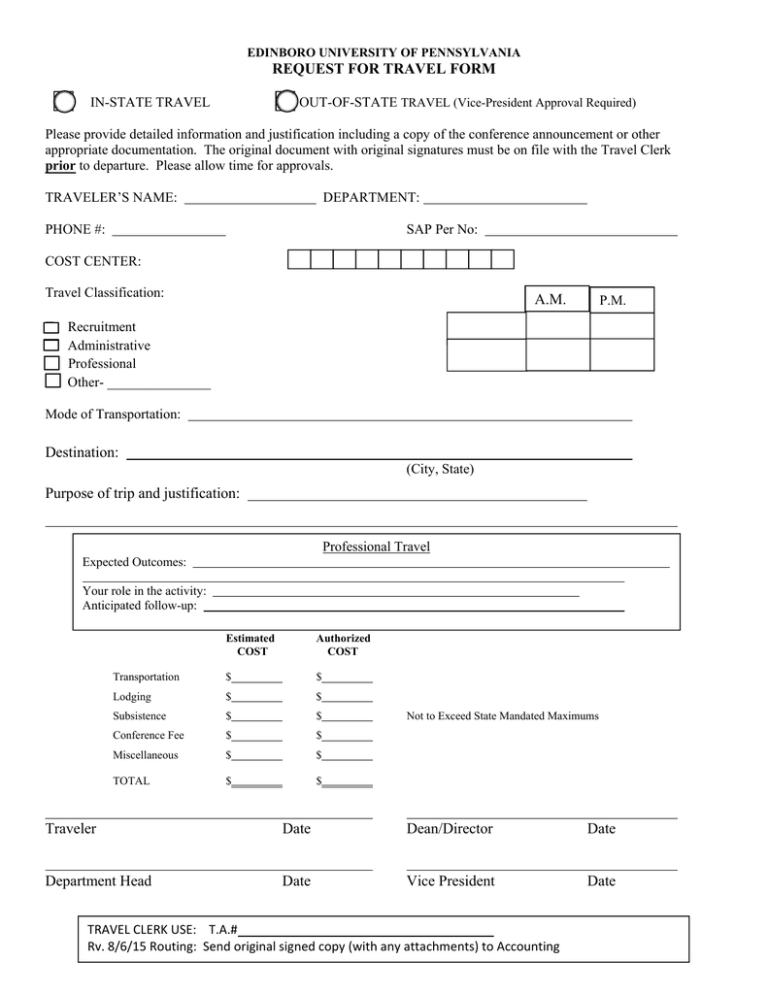 REQUEST FOR TRAVEL FORM