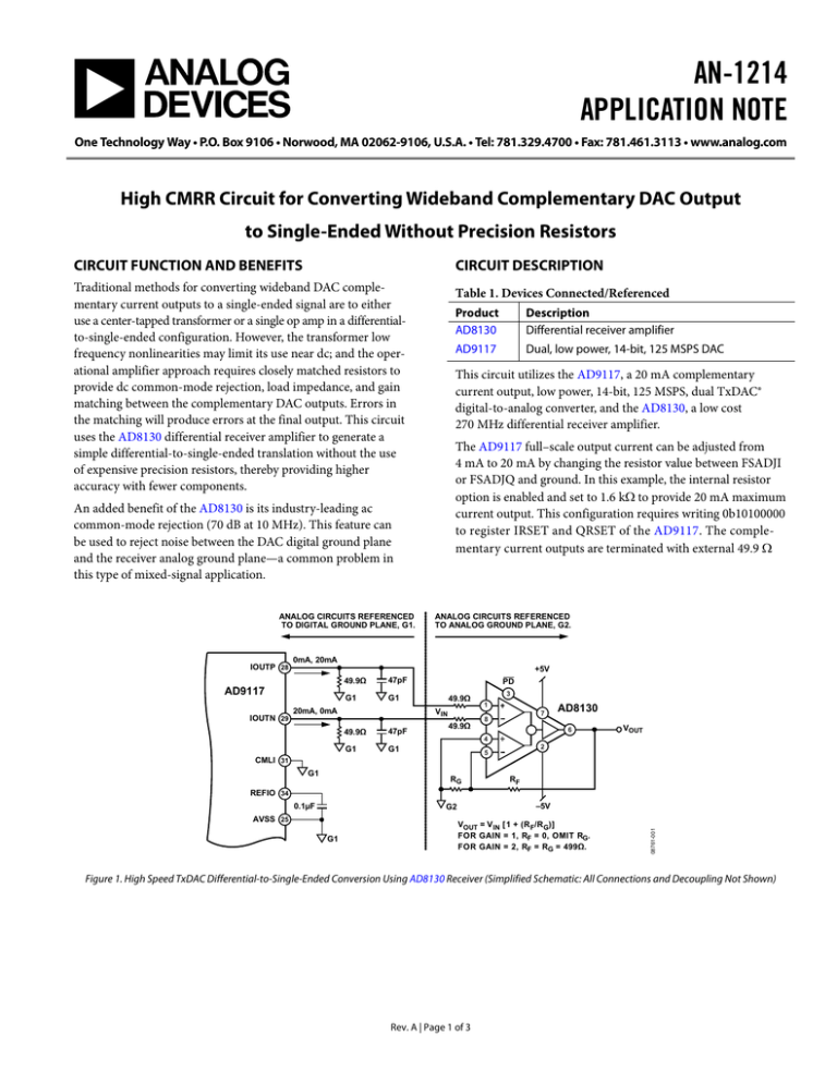 High CMRR DAC Conversion Circuit: AD9117 & AD8130