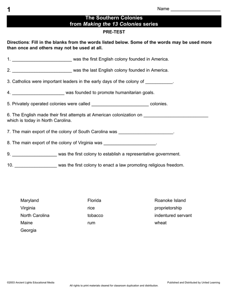 Southern Colonies Worksheet: History & Assessment