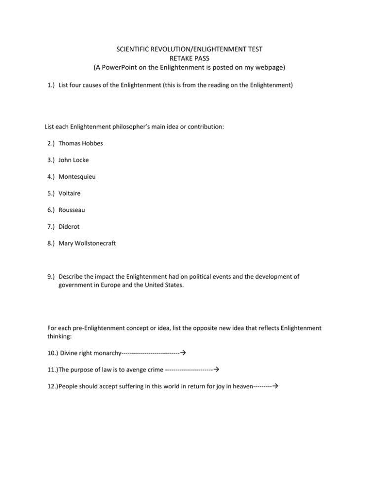SCIENTIFIC REVOLUTION/ENLIGHTENMENT TEST RETAKE PASS