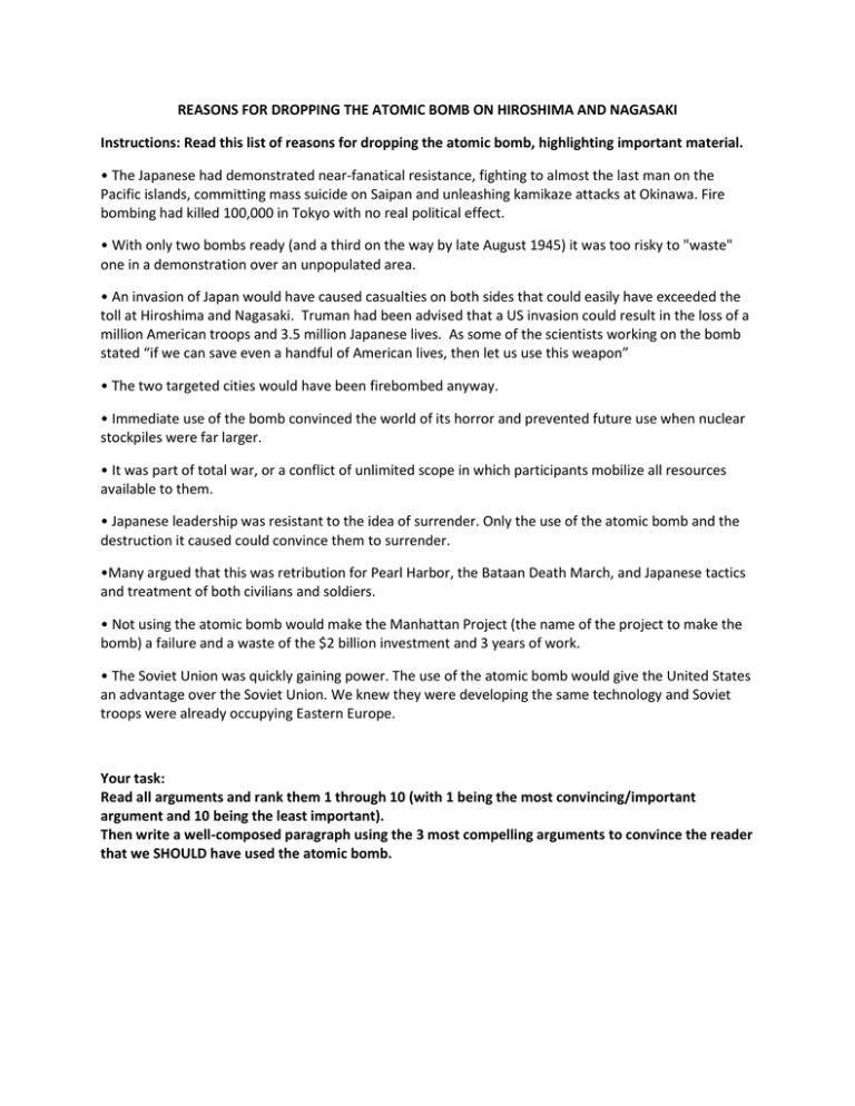 REASONS FOR DROPPING THE ATOMIC BOMB ON HIROSHIMA AND NAGASAKI