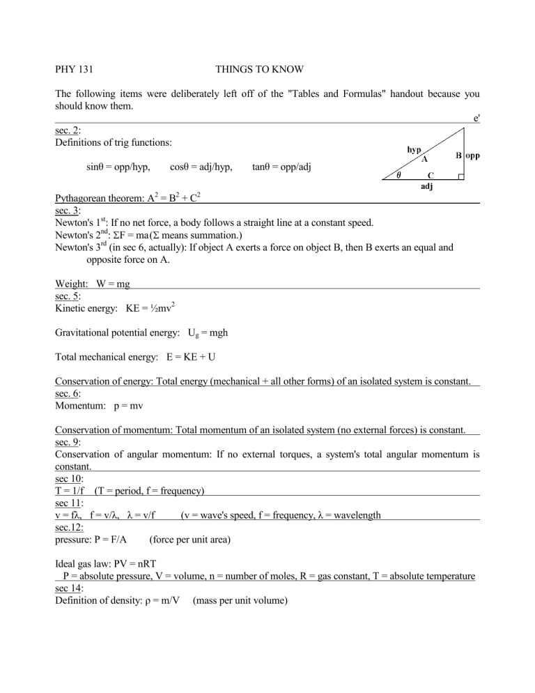 PHY 131 THINGS TO KNOW