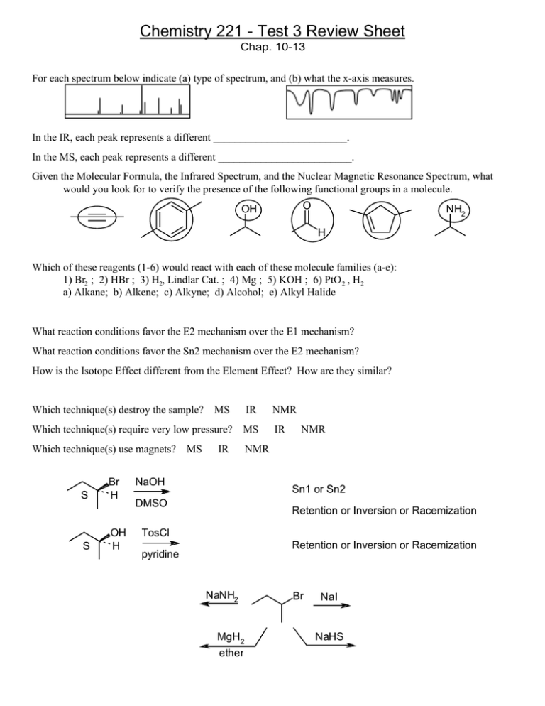 Chemistry 221 - Test 3 Review Sheet