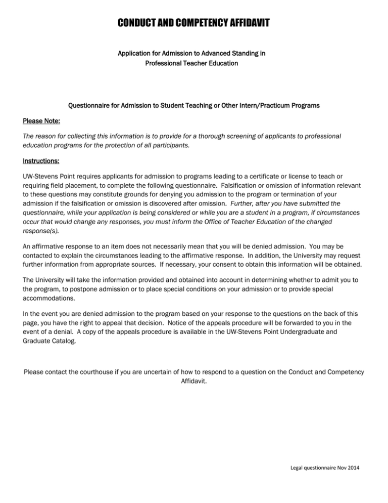 CONDUCT AND COMPETENCY AFFIDAVIT