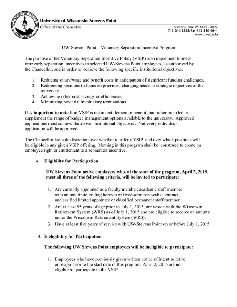 UW-Stevens Point – Voluntary Separation Incentive Program
