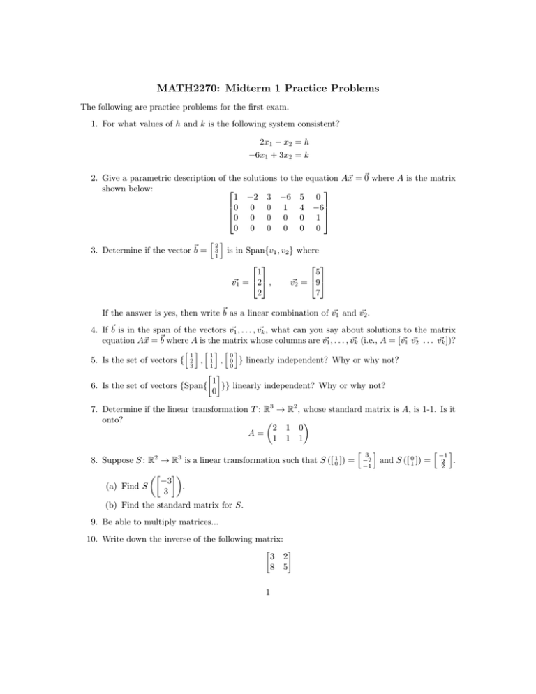 MATH2270: Midterm 1 Practice Problems