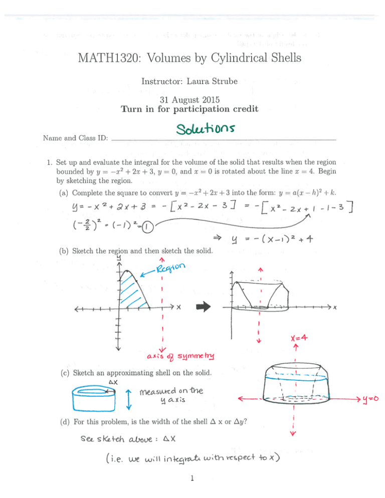 1VIATH132O: Volumes by Cylindrical Shells So(u+iOflc Instructor: Laura ...