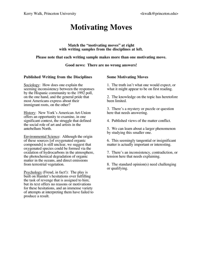 Motivating Moves in Academic Writing: Worksheet
