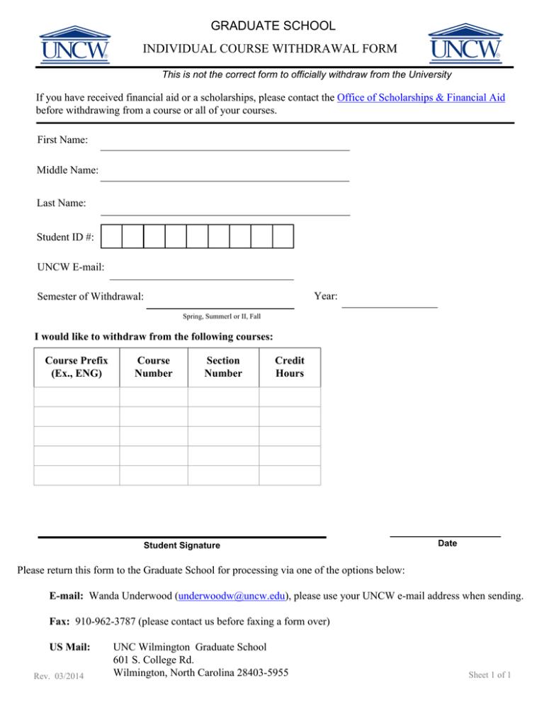 GRADUATE SCHOOL INDIVIDUAL COURSE WITHDRAWAL FORM