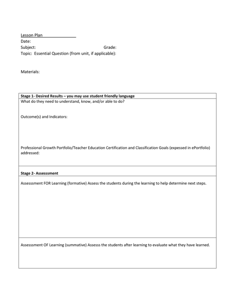 Lesson Plan Date: Subject: