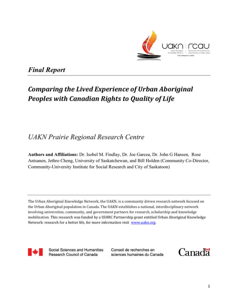 Final Report Comparing the Lived Experience of Urban Aboriginal