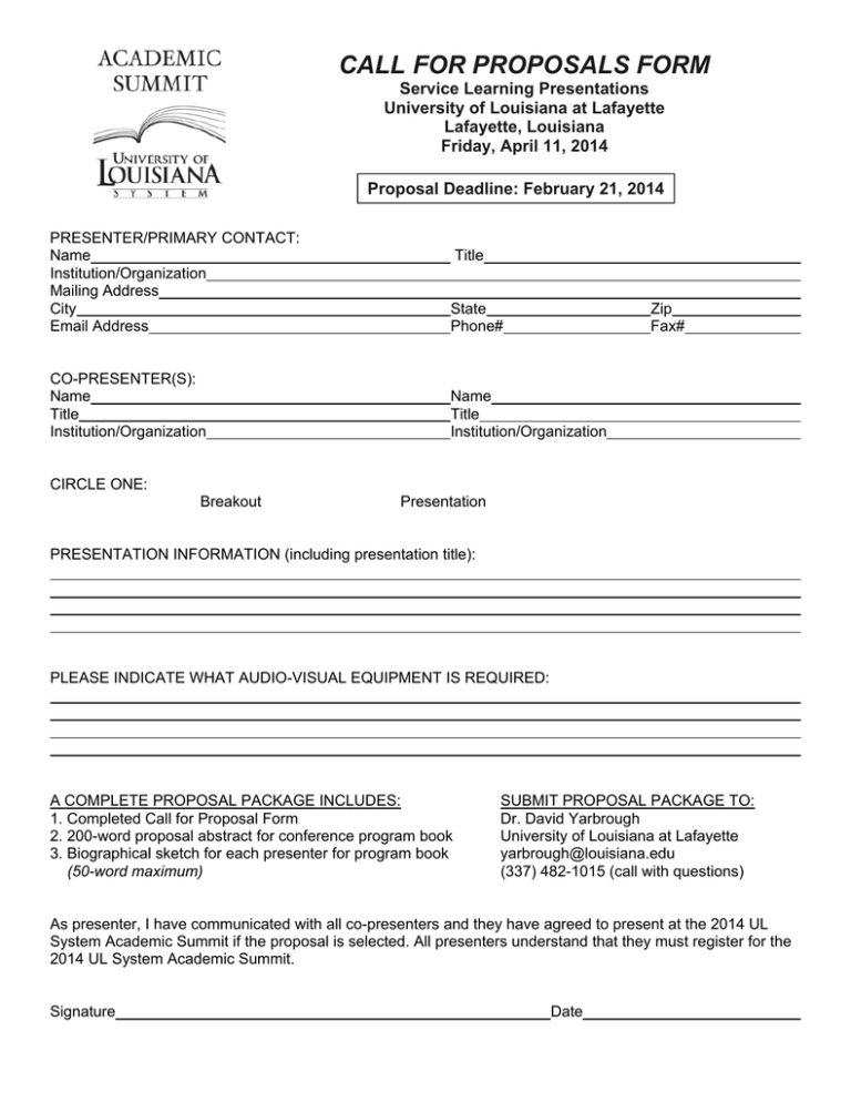 CALL FOR PROPOSALS FORM