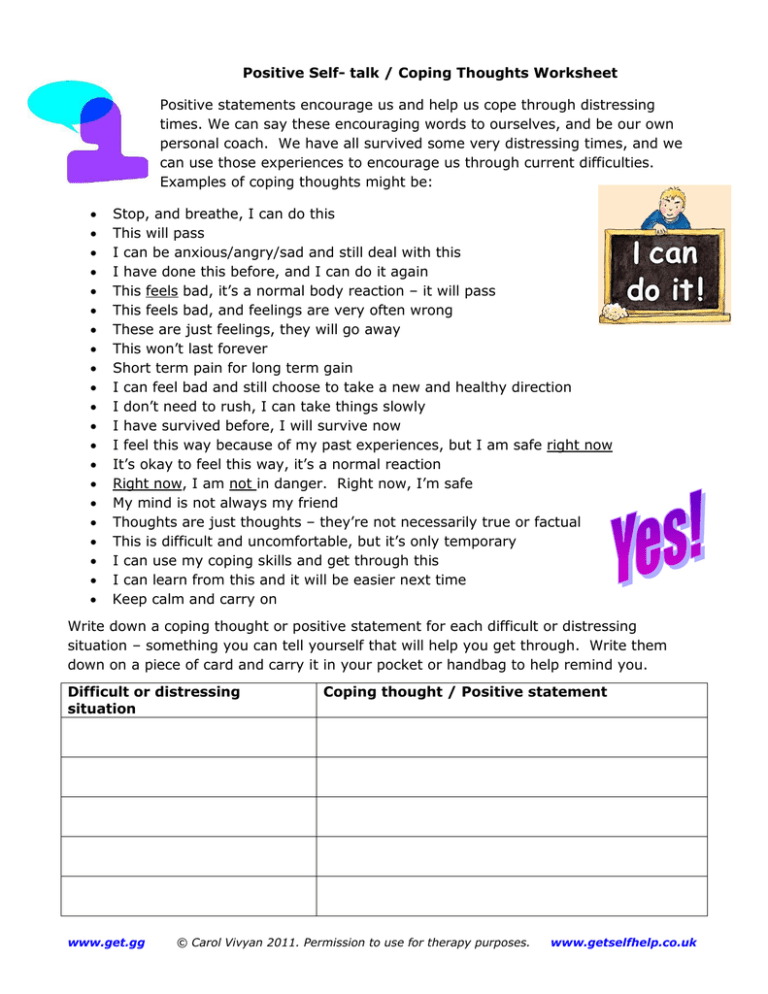 Positive Self-Talk Worksheet | Coping Thoughts & Statements