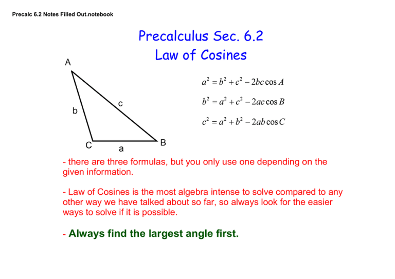 Precalculus: Law of Cosines & Heron's Formula Notes