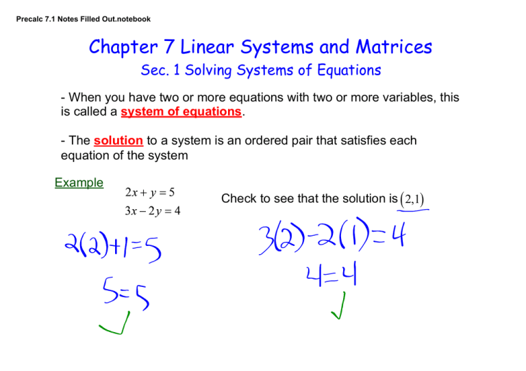 Precalculus: Solving Linear Systems & Matrices - Notes