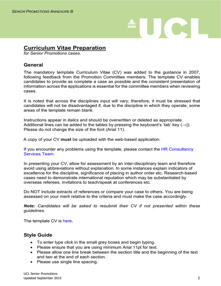 UCL Senior Promotions CV Preparation Guidelines
