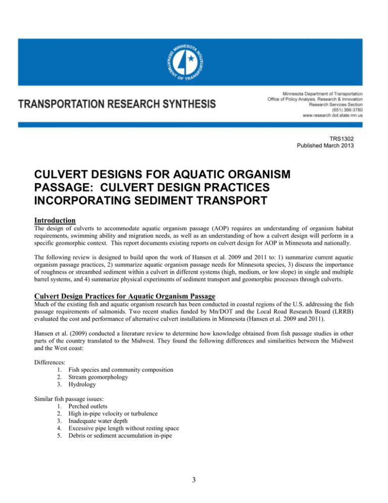 Culvert Design for Aquatic Organism Passage