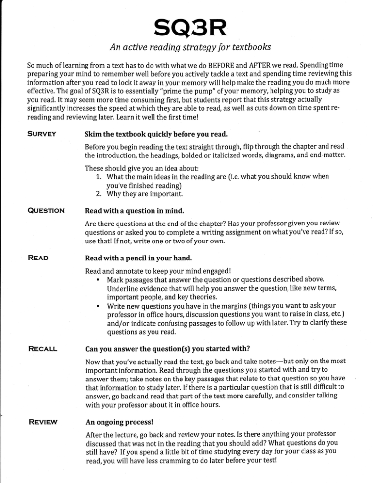 SQ3R Active Reading Strategy: Textbook Study Guide