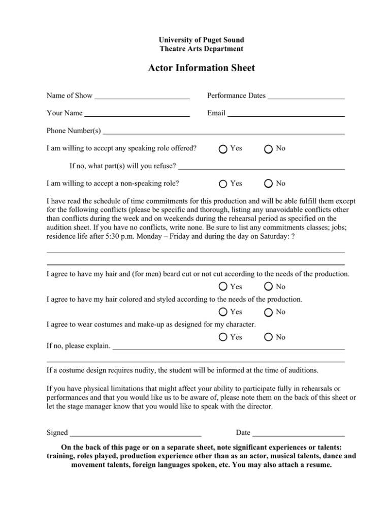 Actor Information Sheet