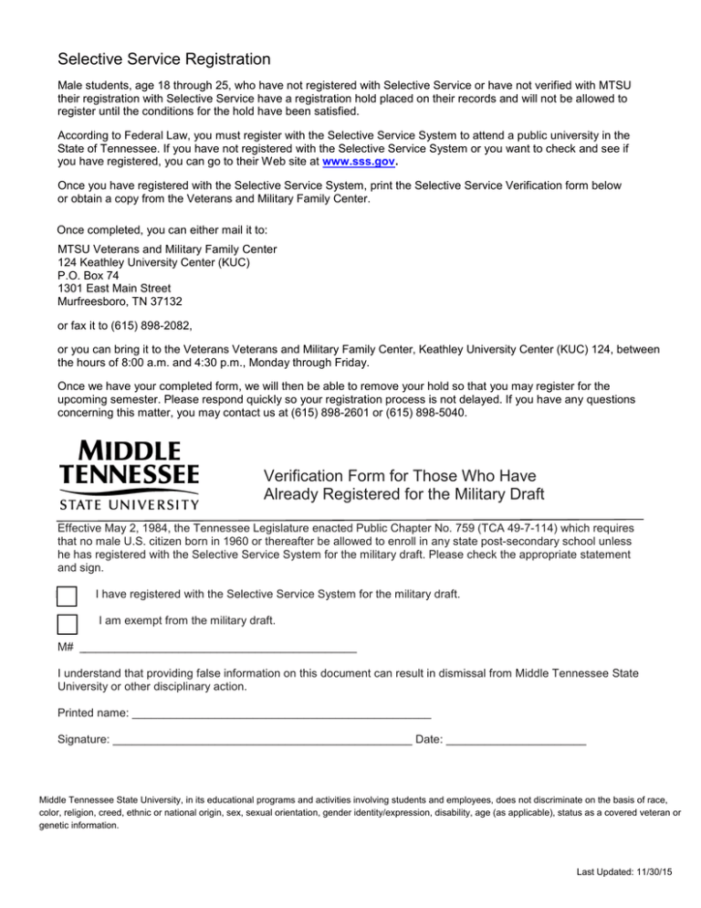 Selective Service Registration Verification Form - MTSU