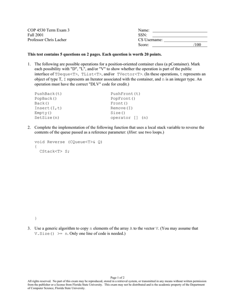 COP 4530 Data Structures Exam - Fall 2001
