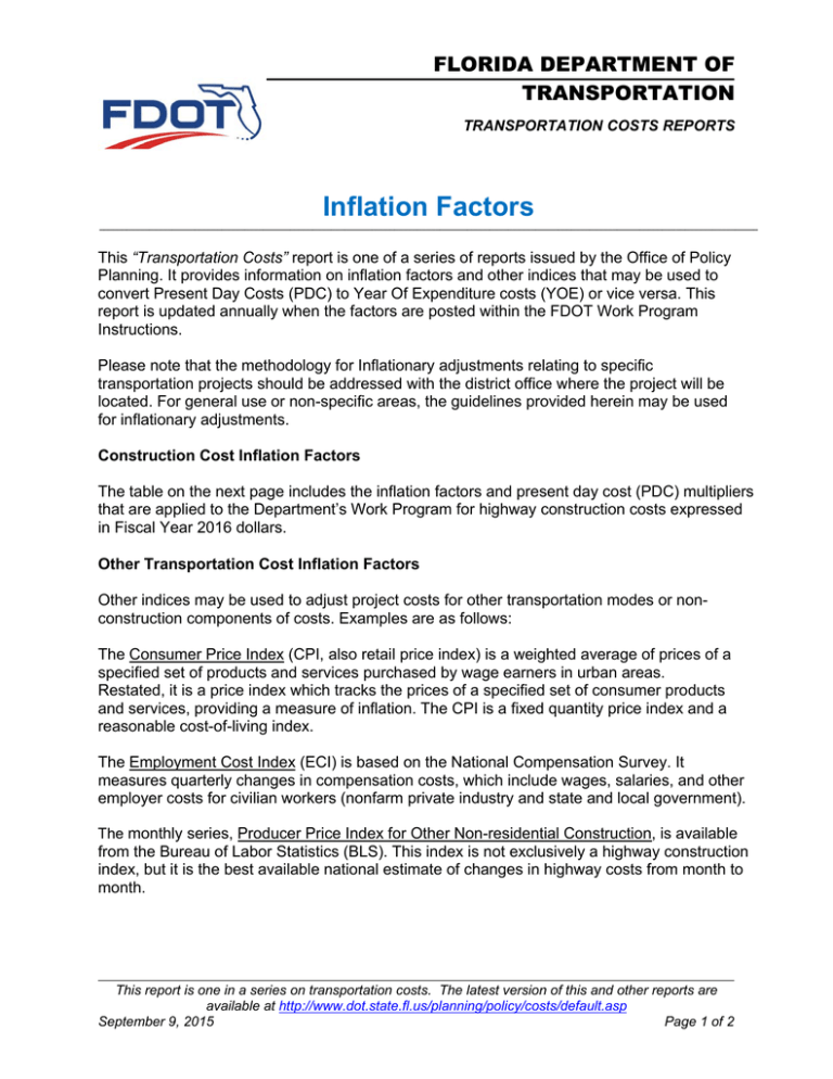 Florida Transportation Cost Inflation Factors (2016-2036)