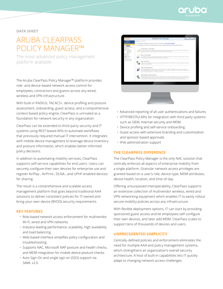 ARUBA CLeARPASS POLICY MANAgeR™ The most advanced policy management ...