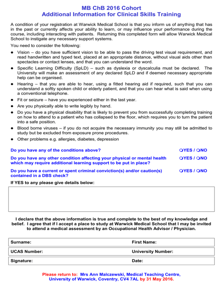 MB ChB 2016 Cohort Additional Information for Clinical Skills Training