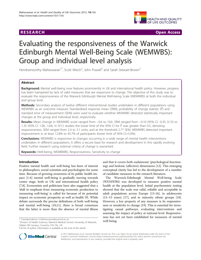 Evaluating the responsiveness of the Warwick Edinburgh Mental Well ...